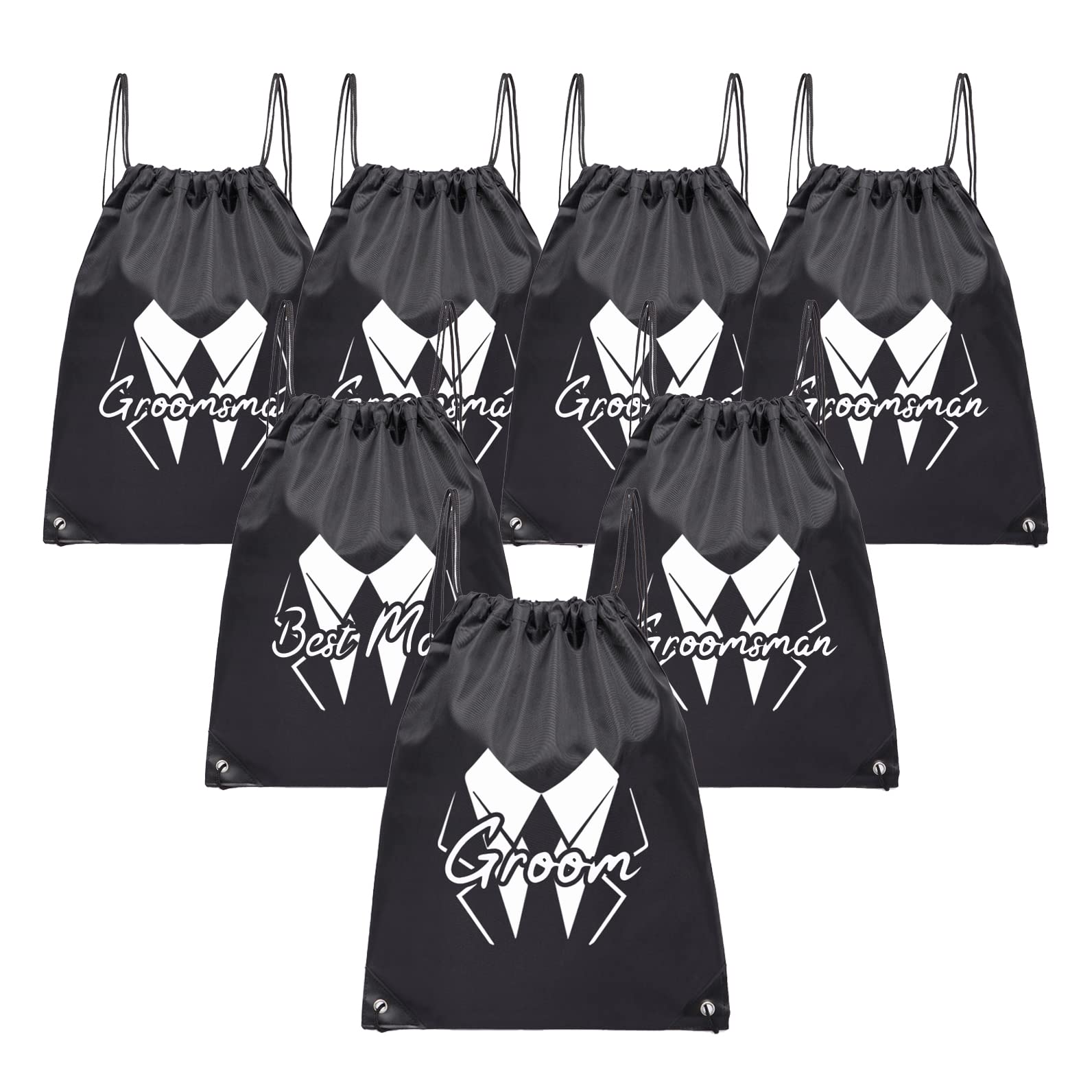 LADY & HOME 7 Pack Groomsmen Proposal bags, Groom Crew Bag Set, Groomsmen Drawstring Bag for Bachelor Party(Suit-Squiggles)