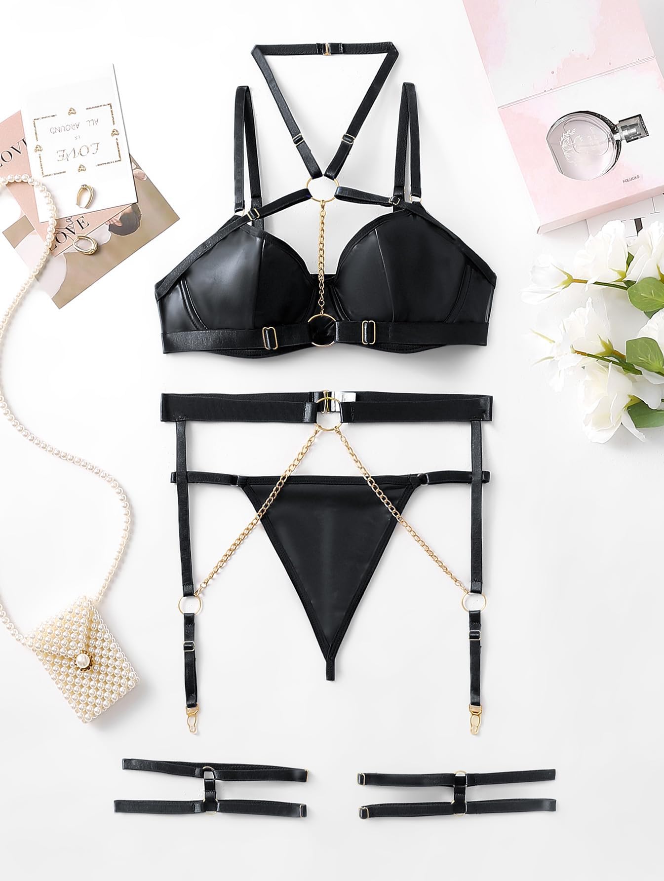 Lilosy Women Sexy Chain Strappy Underwire O Ring Push Up Garter Belt Chocker Lingerie Set Latex Harness Bra and Panty 3 Piece Leather Black Medium
