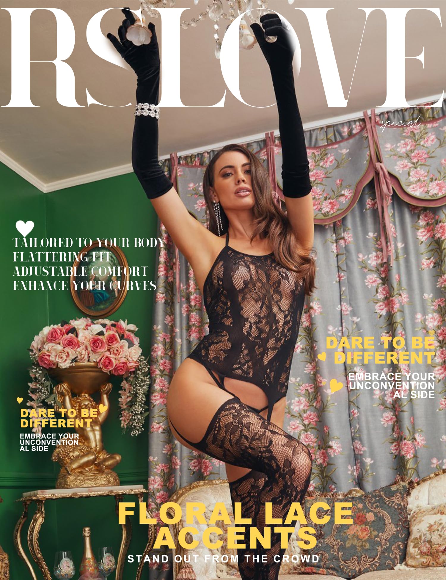 RSLOVE Women Fishnet Bodystocking Attached Stockings Sexy Lingerie Crotchless Bodysuit One Piece Babydoll One Size Black