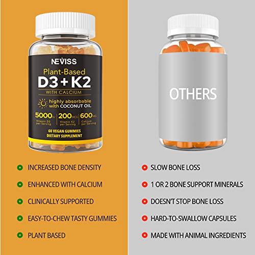 Vitamin D3 5000IU Gummies 125mcg with Calcium 600mg+K2( MK7 ) 200mcg, Coconut Oil for High Absorption, Maximum Strength Vitamin D Supplement - Support Strong Bones, Immune System Health Vegan 60 Count
