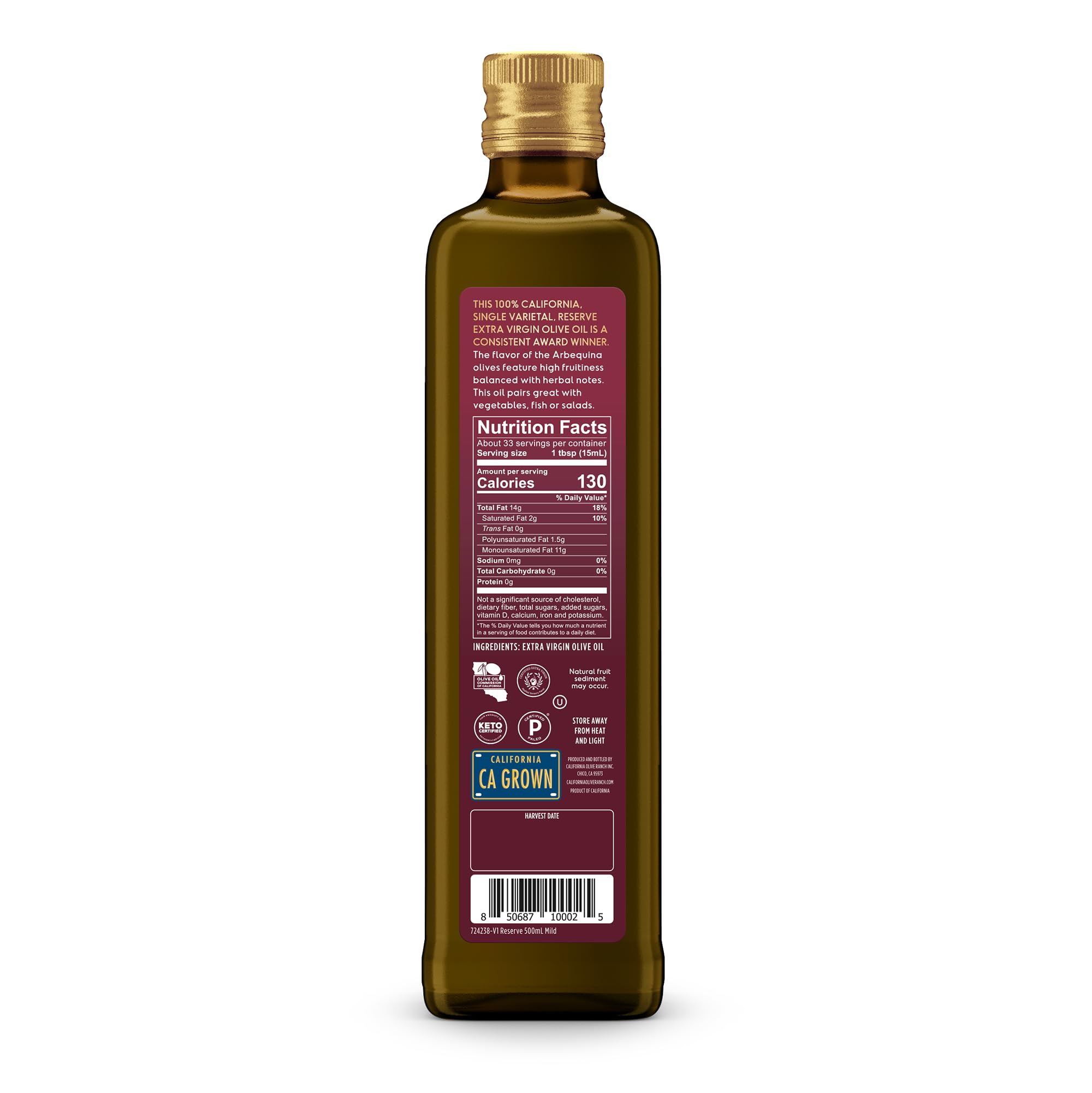 California Olive Ranch, Reserve Collection: Arbequina Extra Virgin Olive Oil, 500mL (Pack of 1)