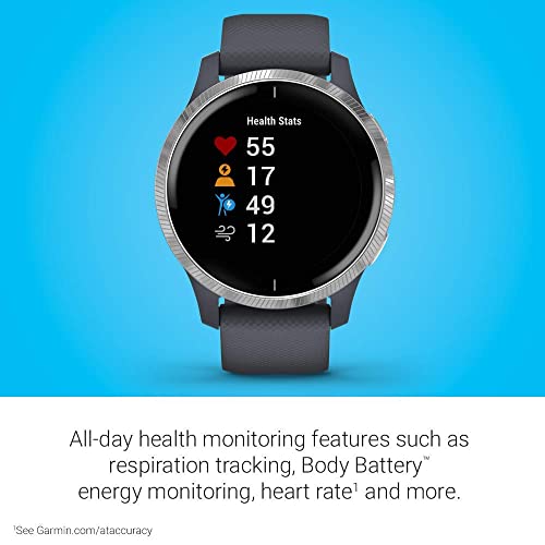 Garmin Venu, GPS Smartwatch with Bright Touchscreen Display, Features Music, Body Energy Monitoring, Animated Workouts, Pulse Ox Sensor and More, Silver with Dark Gray Band (Renewed)