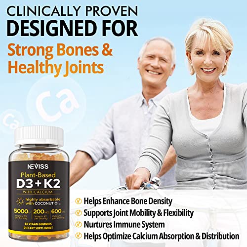 Vitamin D3 5000IU Gummies 125mcg with Calcium 600mg+K2( MK7 ) 200mcg, Coconut Oil for High Absorption, Maximum Strength Vitamin D Supplement - Support Strong Bones, Immune System Health Vegan 60 Count
