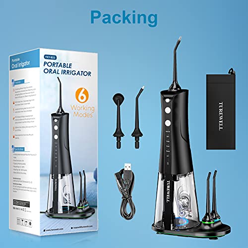 TUREWELL Water Flosser, 300ML Portable Water Teeth Cleaner with 6 Modes, IPX7 Waterproof Oral Irrigator, Waterpick for Travel/Home/Braces (Black)