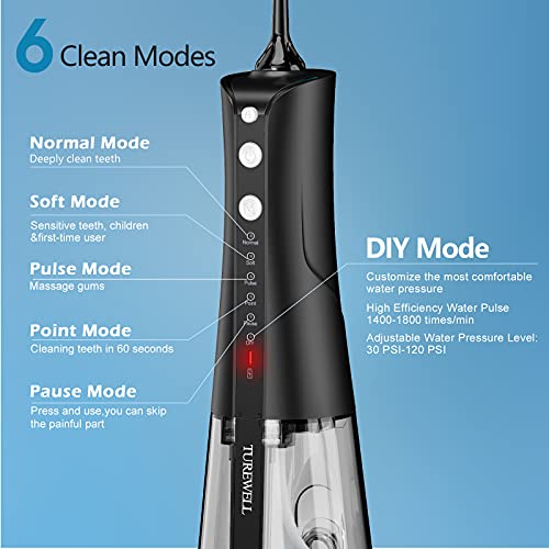 TUREWELL Water Flosser, 300ML Portable Water Teeth Cleaner with 6 Modes, IPX7 Waterproof Oral Irrigator, Waterpick for Travel/Home/Braces (Black)