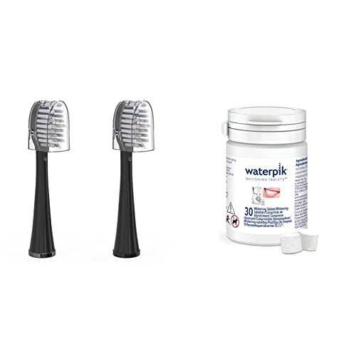 Waterpik Full Size Replacement Brush Heads with Covers for Toothbrush SFFB-2EB, 2 Count Black & Whitening Water Flosser Refill Tablets (30 Count) - Only for The Whitening Flosser