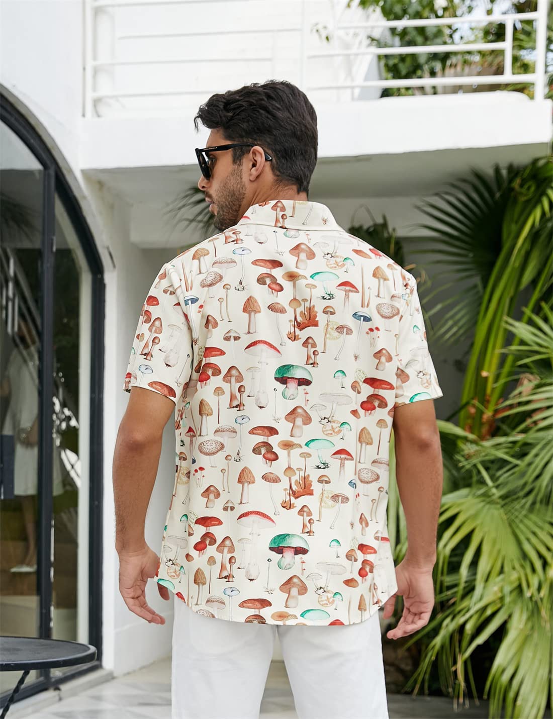 PAODIKUAI Men's Printed Shirt Button Down Short Sleeve Cute Mushroom Hawaiian Shirt (Mushroom Yellow, Small)