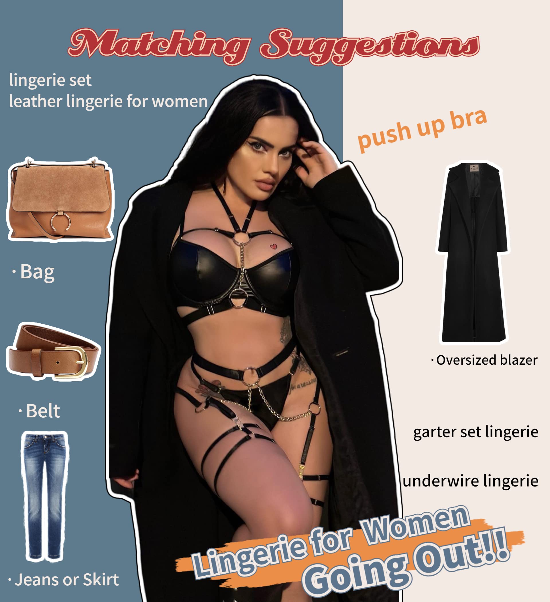 Avidlove Leather Lingerie Set for Women Sexy Strappy 5 Piece Lingerie Garter with Underwire Push Up Bra and Chain, Black,L