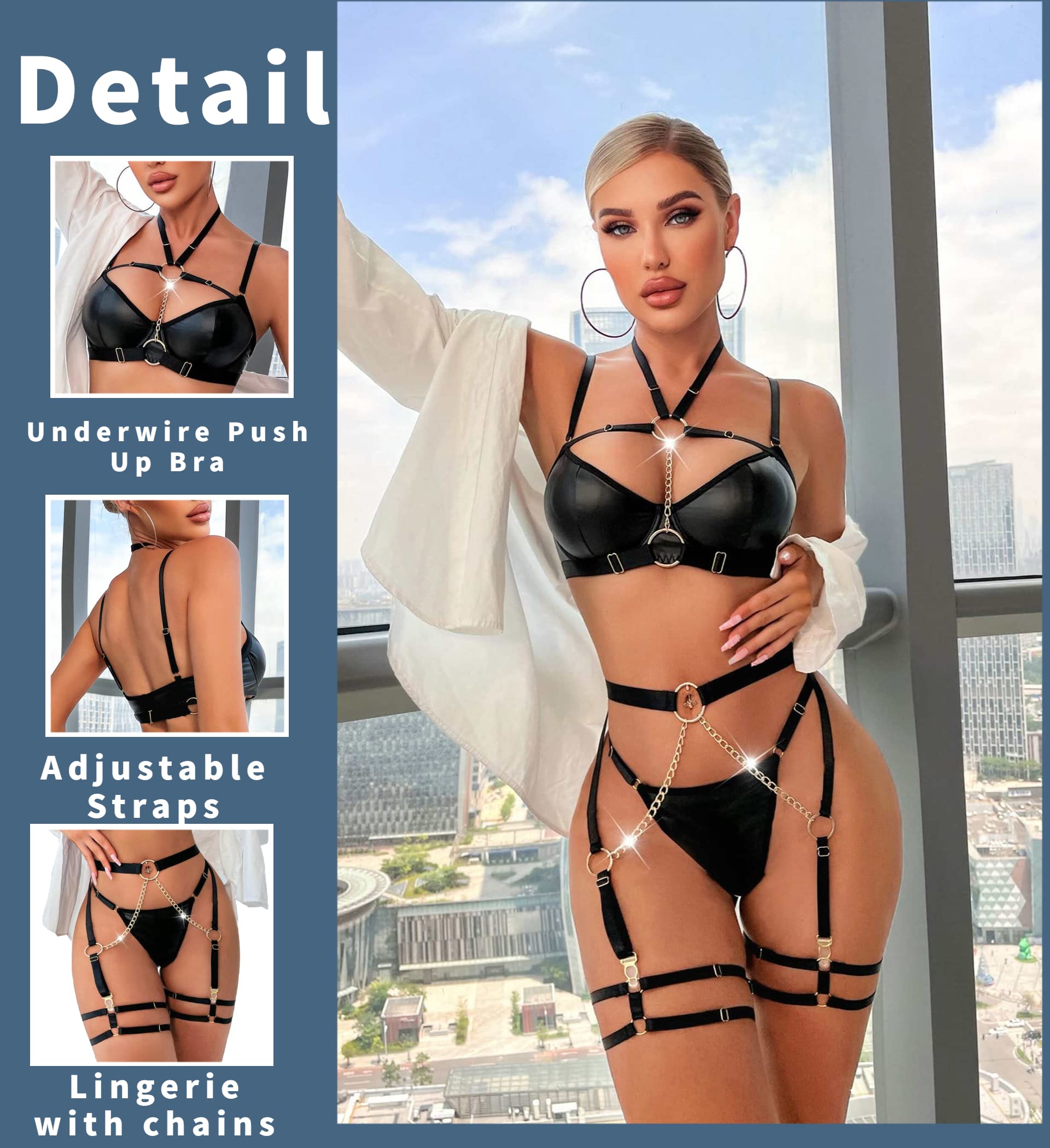 Avidlove Leather Lingerie Set for Women Sexy Strappy 5 Piece Lingerie Garter with Underwire Push Up Bra and Chain, Black,L