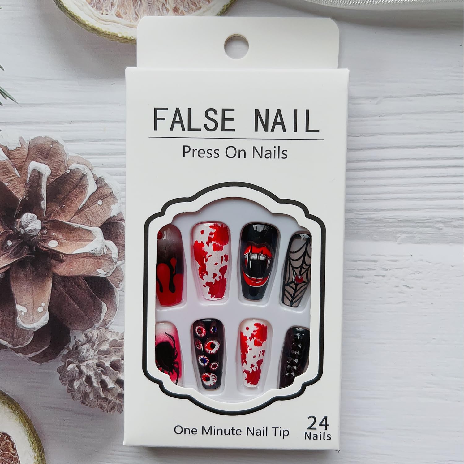 Halloween Press on Nails Medium Coffin Fake Nails Spider Eyeball Halloween Nails Press on Bloodstain Spider Web Acrylic Full Cover False Nails with Designs Gloosy Glue on Nails for Women&Girls 24PCS