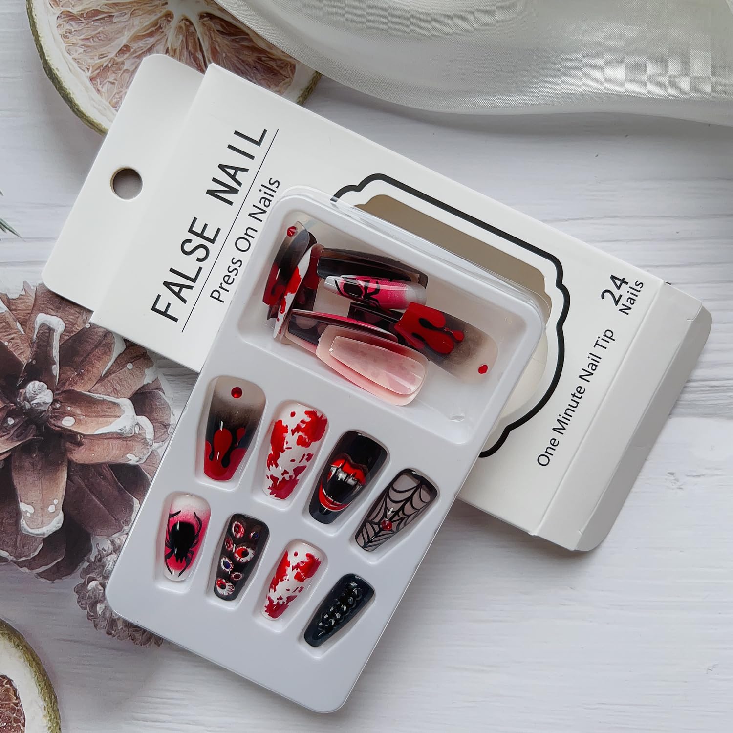 Halloween Press on Nails Medium Coffin Fake Nails Spider Eyeball Halloween Nails Press on Bloodstain Spider Web Acrylic Full Cover False Nails with Designs Gloosy Glue on Nails for Women&Girls 24PCS