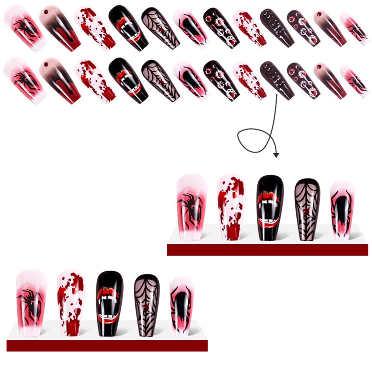 Halloween Press on Nails Medium Coffin Fake Nails Spider Eyeball Halloween Nails Press on Bloodstain Spider Web Acrylic Full Cover False Nails with Designs Gloosy Glue on Nails for Women&Girls 24PCS