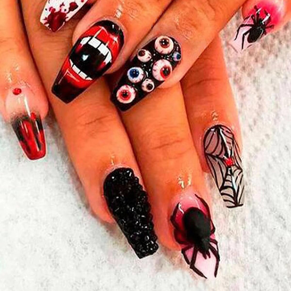Halloween Press on Nails Medium Coffin Fake Nails Spider Eyeball Halloween Nails Press on Bloodstain Spider Web Acrylic Full Cover False Nails with Designs Gloosy Glue on Nails for Women&Girls 24PCS