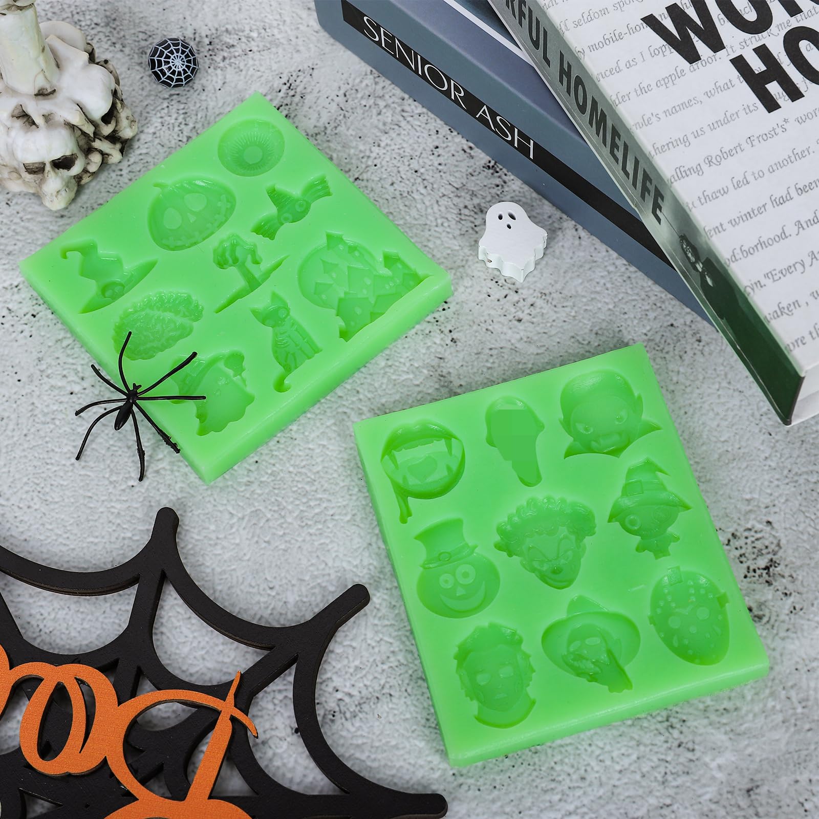 Whaline 2Pcs Halloween Theme Fondant Molds Halloween Spider Pumpkin Eyeball Clown Vampire Pattern Silicone Candy Moulds for Halloween Party Cupcake Topper Decorating Sugar craft Gum Paste Resin Clay