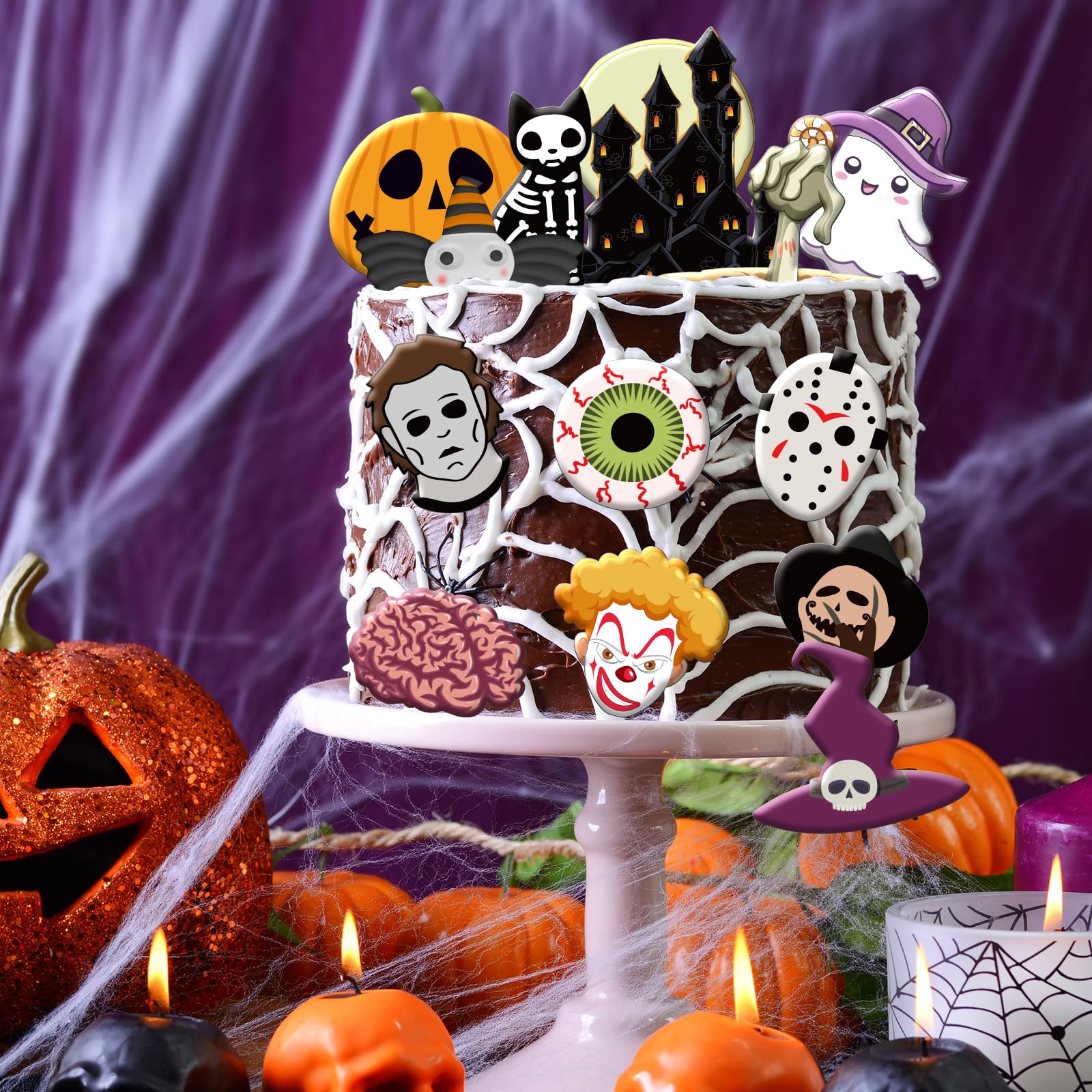 Whaline 2Pcs Halloween Theme Fondant Molds Halloween Spider Pumpkin Eyeball Clown Vampire Pattern Silicone Candy Moulds for Halloween Party Cupcake Topper Decorating Sugar craft Gum Paste Resin Clay