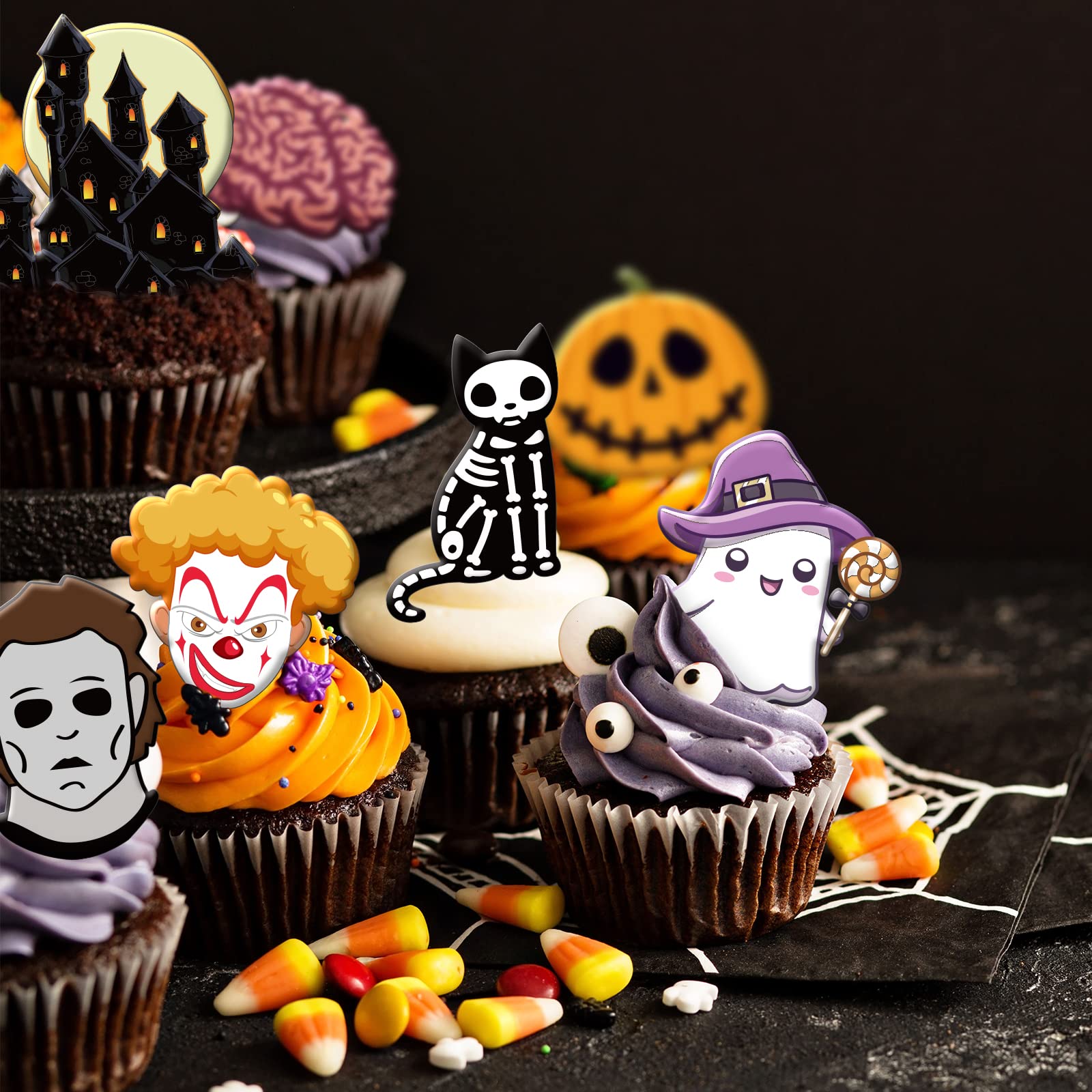 Whaline 2Pcs Halloween Theme Fondant Molds Halloween Spider Pumpkin Eyeball Clown Vampire Pattern Silicone Candy Moulds for Halloween Party Cupcake Topper Decorating Sugar craft Gum Paste Resin Clay