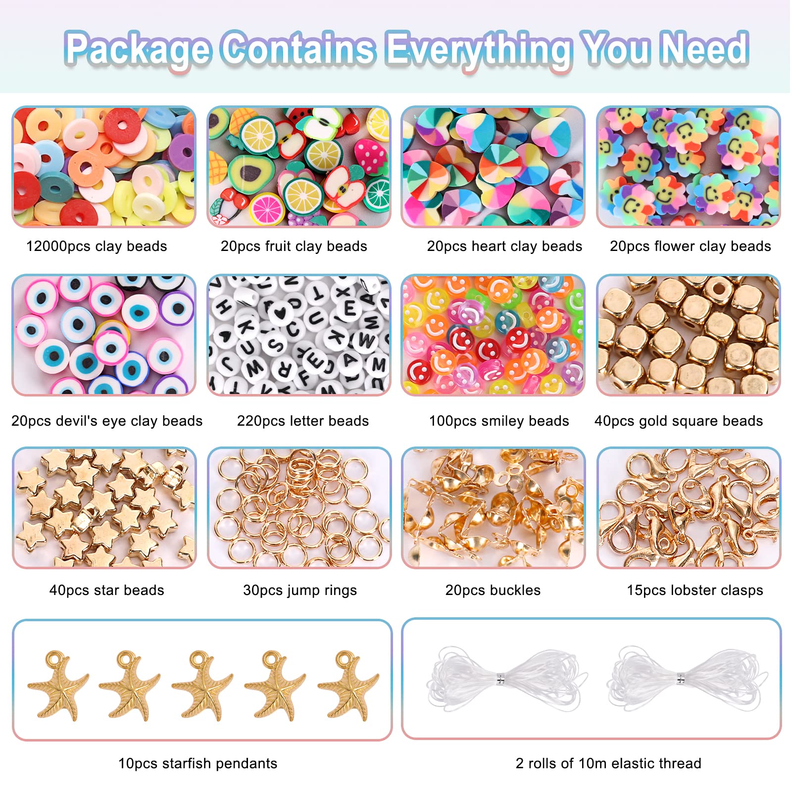 QUEFE 12000pcs Clay Beads Bracelet Making Kit, 80 Colors Flat Clay Heishi Beads Polymer Clay Beads with Letter Beads, Fruit Flower Clay Beads and Smiley Beads for Jewelry Bracelet Necklace Making