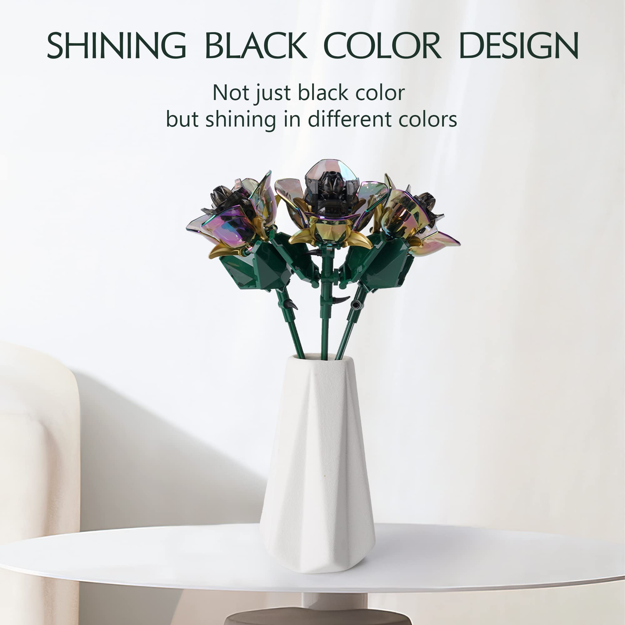 KIYOJIN Rose Flower Bouquet Building Set,Botanical Collection Rainbow Artificial Plant Compatible with Lego Gift for Adult Home Decor(Black 120pcs)