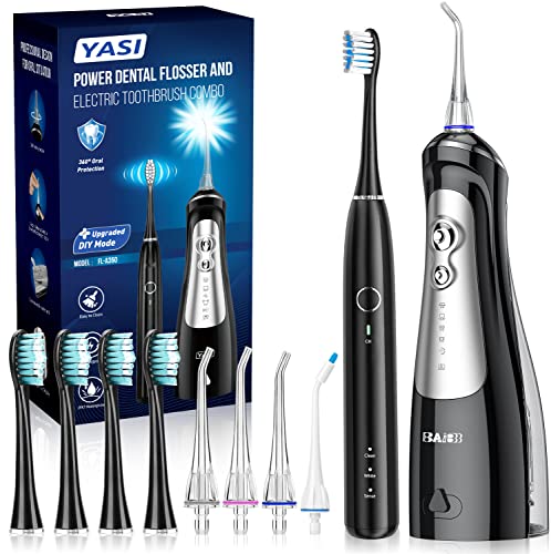 Water Dental Flosser with Electric Toothbrush Combo, Cordless Water Flosser for Teeth, Gums, Braces Care, with 6 Modes & 3 Sonic Modes, Oral Care Kit with 4 Brush Heads & 4 Jet Tips, IPX7 Waterproof