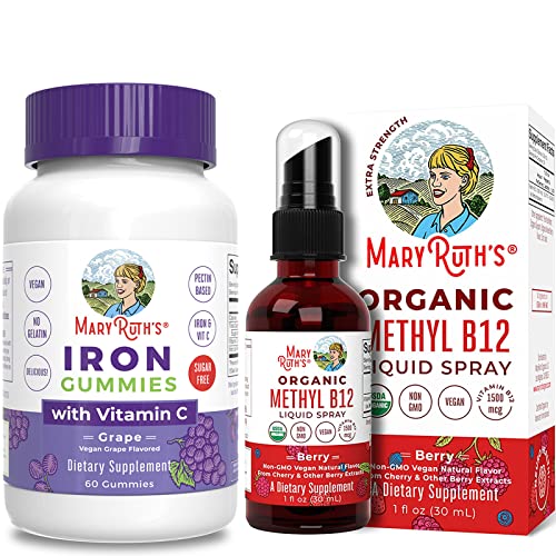 Adult Iron Gummies & Vitamin B12 Spray (Berry) by MaryRuth's | Iron Supplement for Iron Deficiency for Adults | Nerve Function & Energy Boost Supplement