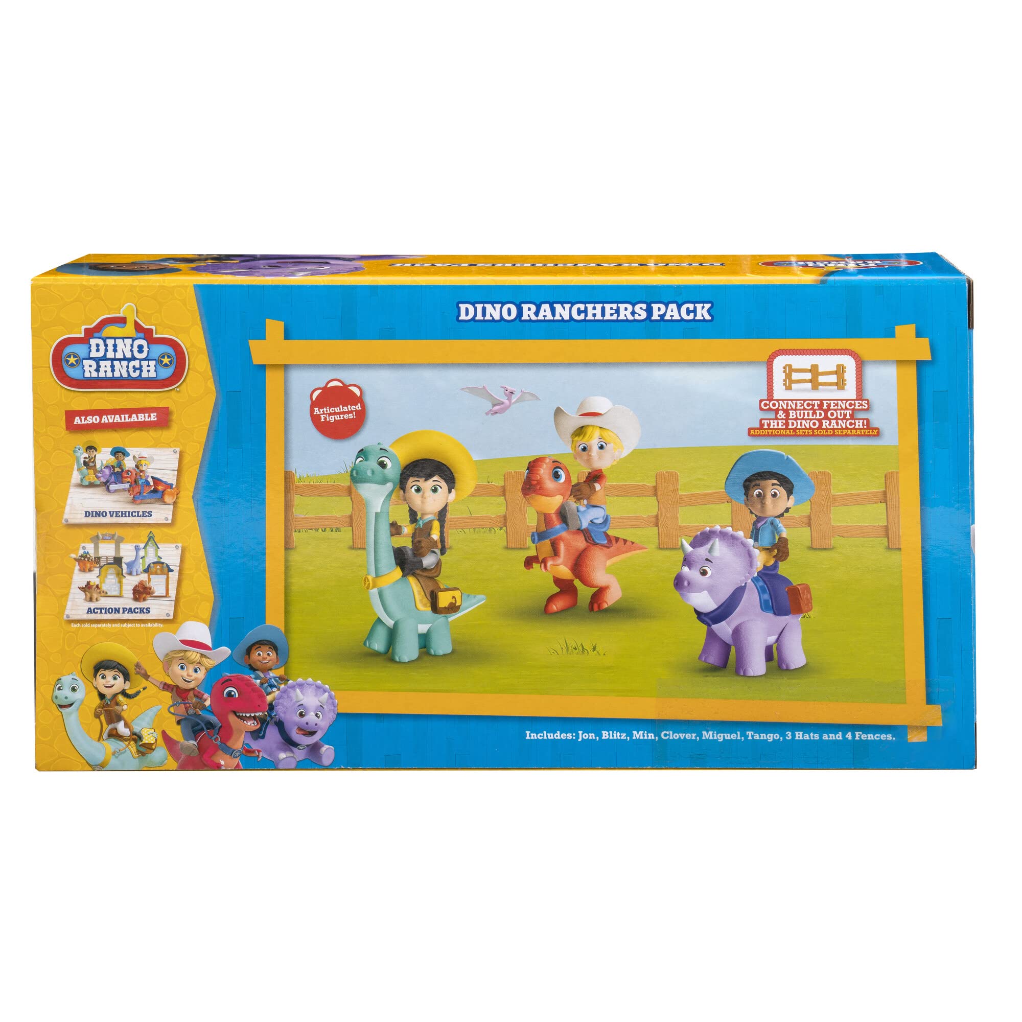 Dino Ranch 6-Figure Pack - Jon and Blitz, Min and Clover, Miguel and Tango - Three 3” Dino Ranchers and Three 4” Dinos, Plus Fence Pieces - Toys for Kids Featuring Your Favorite Pre-Westoric Ranchers