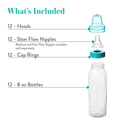 Evenflo Feeding Classic Clear Plastic Standard Neck Bottles for Baby, Infant and Newborn - Teal/Green/Blue, 8 Ounce (Pack of 12)