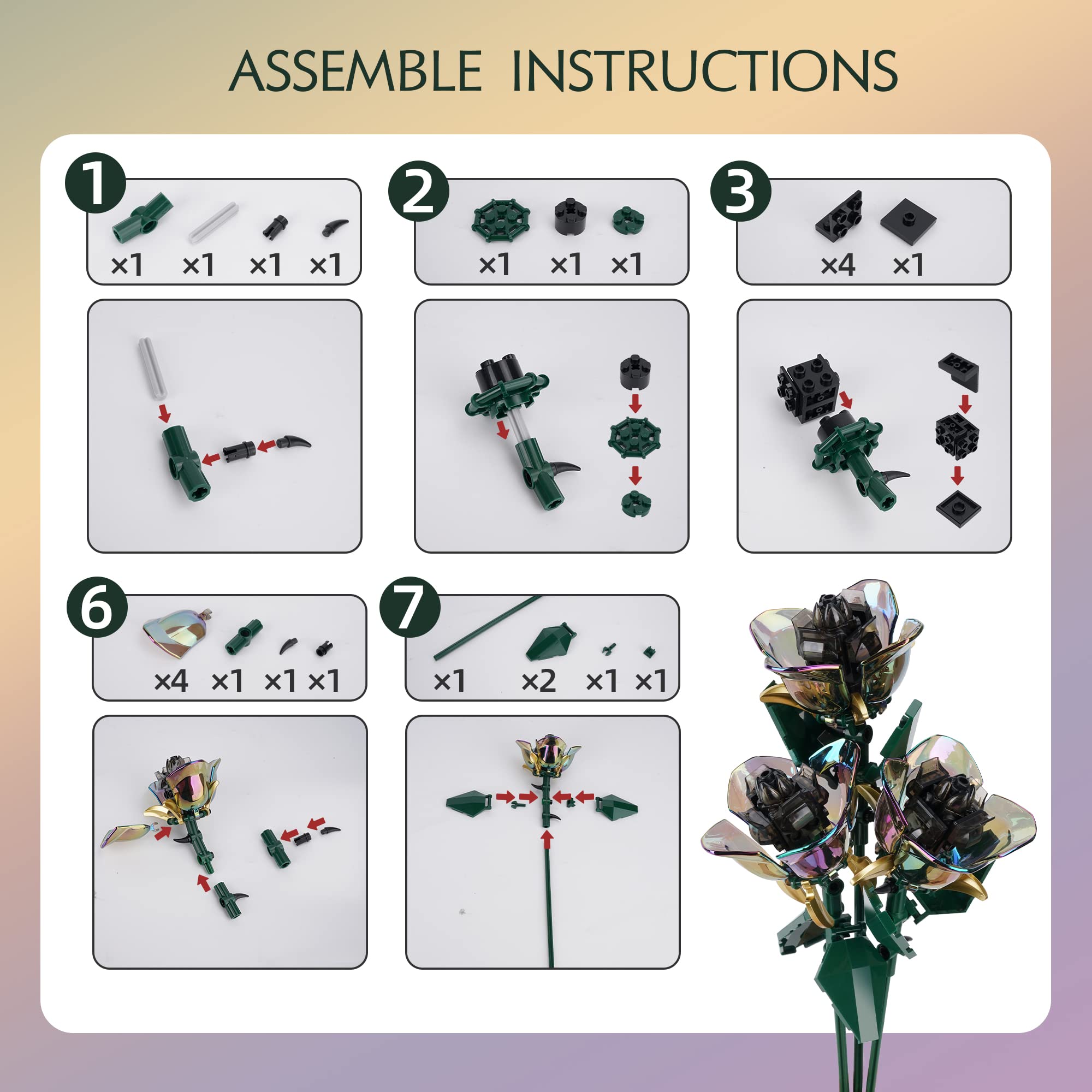 KIYOJIN Rose Flower Bouquet Building Set,Botanical Collection Rainbow Artificial Plant Compatible with Lego Gift for Adult Home Decor(Black 120pcs)