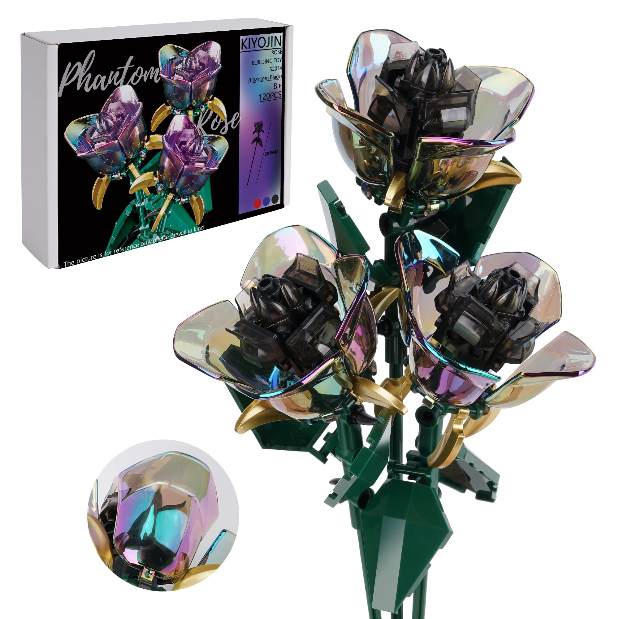 KIYOJIN Rose Flower Bouquet Building Set,Botanical Collection Rainbow Artificial Plant Compatible with Lego Gift for Adult Home Decor(Black 120pcs)