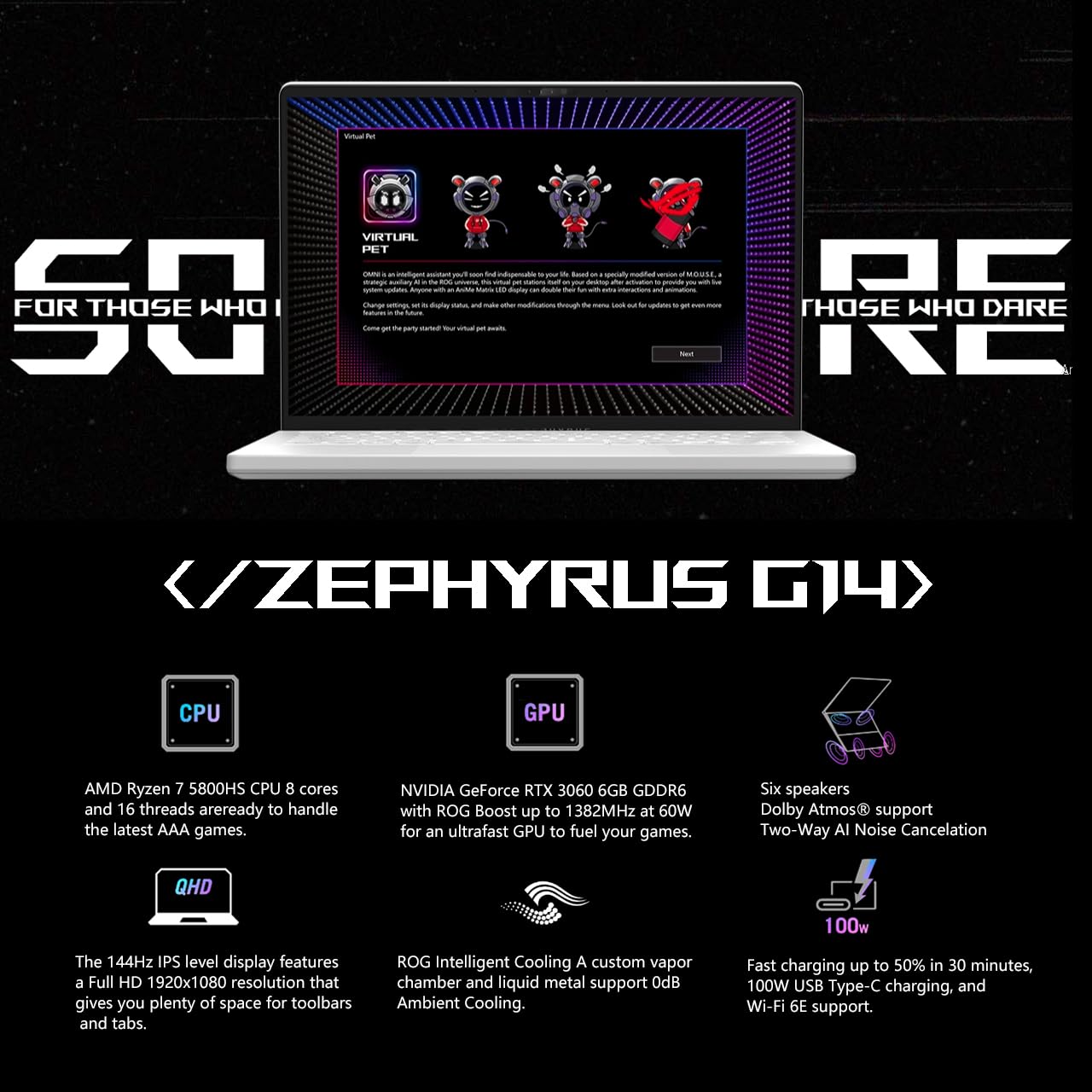 ASUS ROG Zephyrus 14 Gaming Laptop,14 inches FHD(1920x1080) 144Hz Display,16GB RAM,512GB SSD,AMD Ryzen 7 5800HS,NVIDIA GeForce RTX 3060,Backlit KB,Wi-Fi,HDMI,Win11,Moonlight White,W/GaLiMu