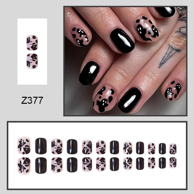 Halloween Press on Nails Square,Short Fake Nails with Ghost Black Pattern, Glue on nails for Women Girls, Includes Prep Pad, Mini File, Cuticle Stick, Glue, Jelly Glue and 24 False Nails