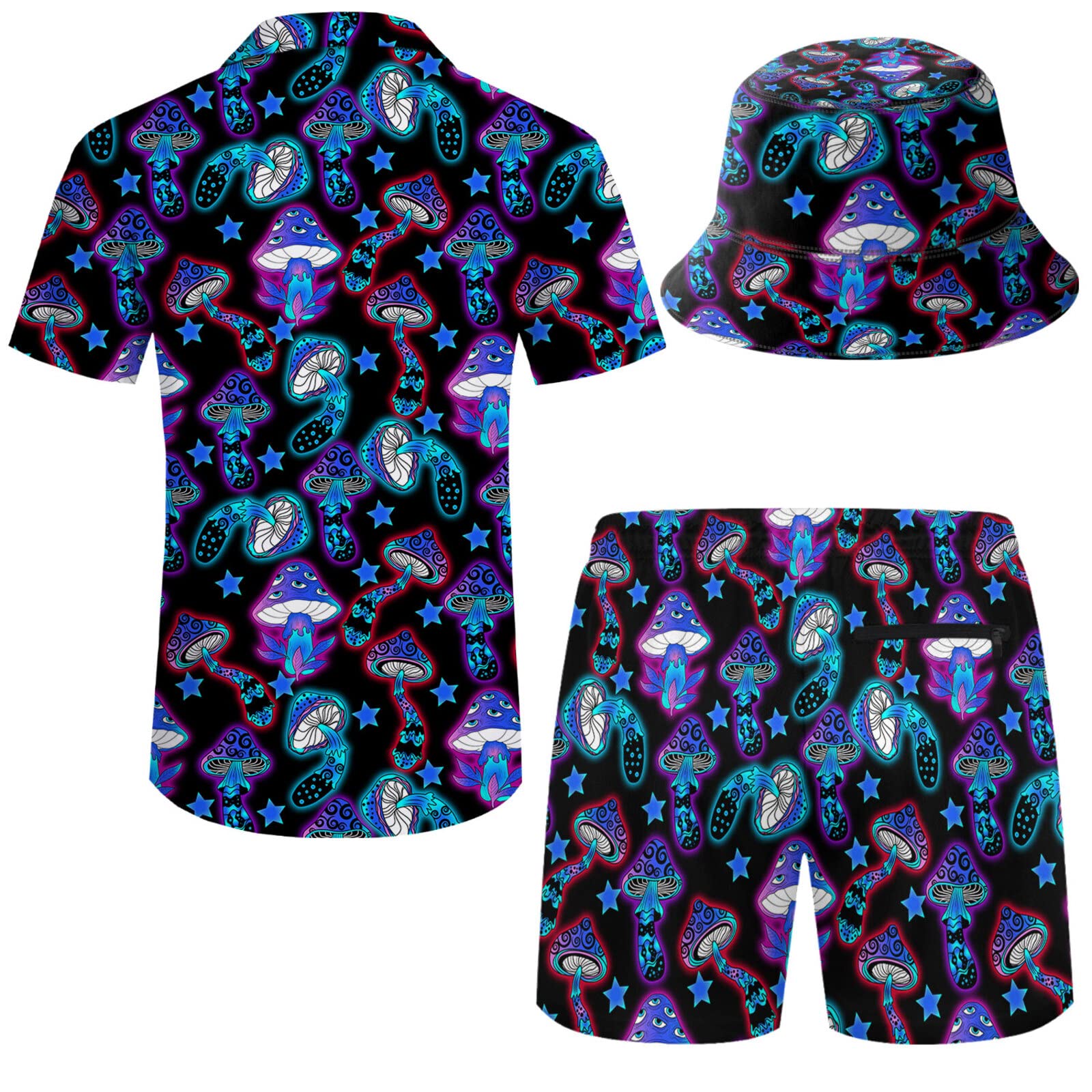 Wdpsuxin Mens 2 Piece Tracksuit Hawaiian Shirt,Mushroom Button Down Shirt and Compression Liner 2 in 1 Shorts Sets with Bucket Hats 3X-Large