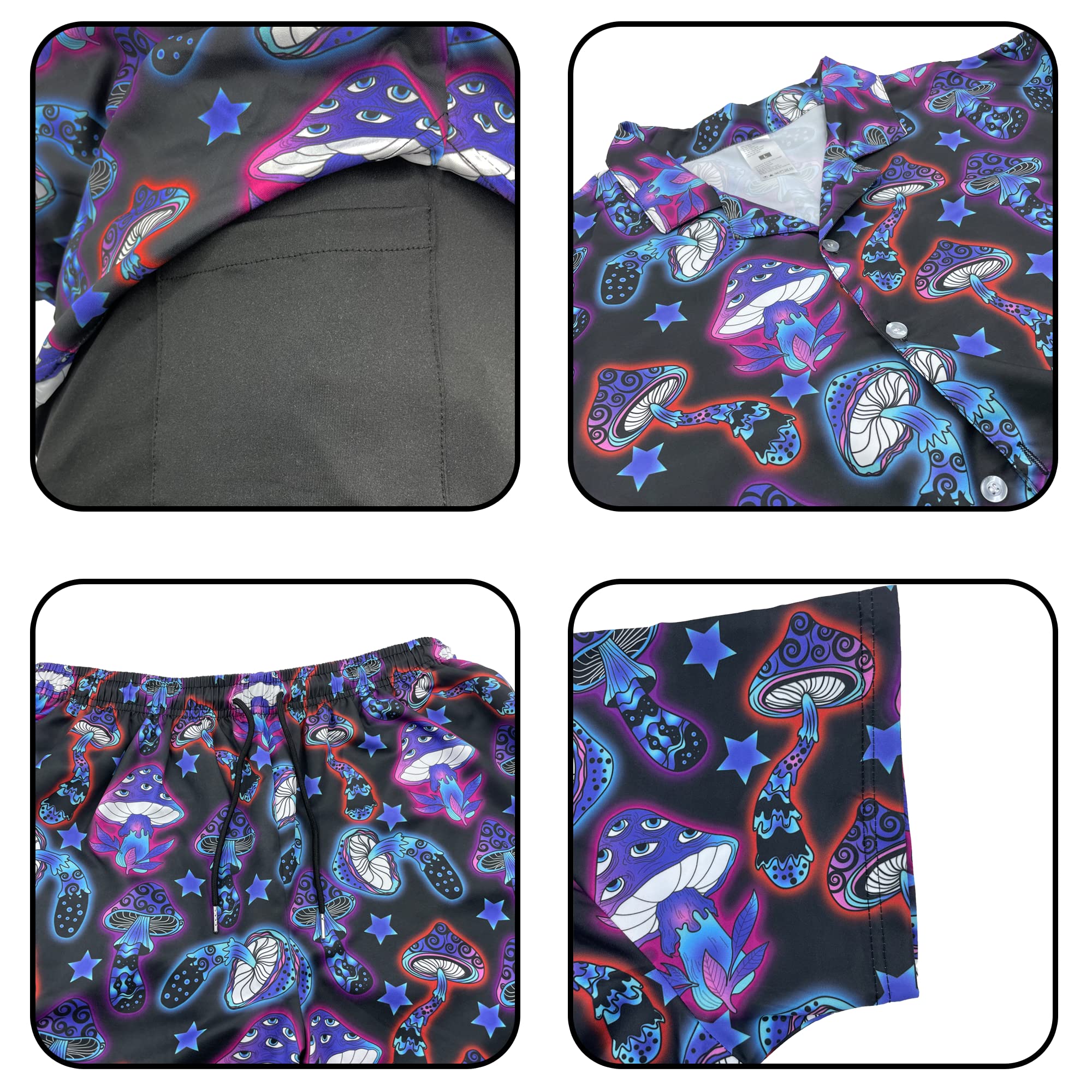 Wdpsuxin Mens 2 Piece Tracksuit Hawaiian Shirt,Mushroom Button Down Shirt and Compression Liner 2 in 1 Shorts Sets with Bucket Hats 3X-Large