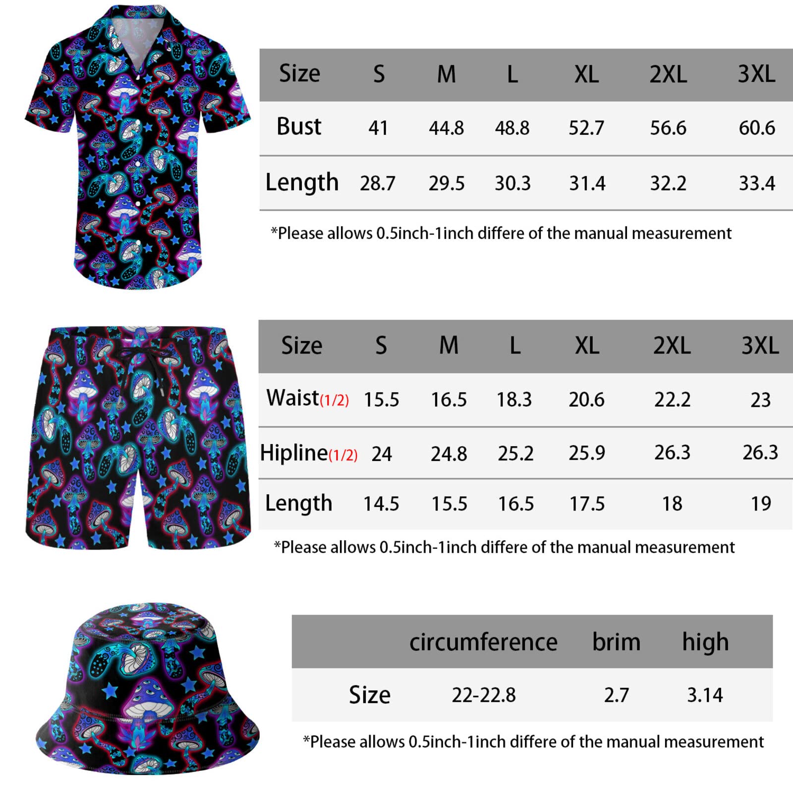 Wdpsuxin Mens 2 Piece Tracksuit Hawaiian Shirt,Mushroom Button Down Shirt and Compression Liner 2 in 1 Shorts Sets with Bucket Hats 3X-Large