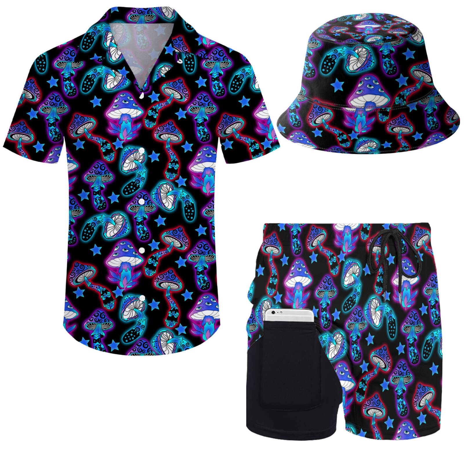 Wdpsuxin Mens 2 Piece Tracksuit Hawaiian ShirtďźMushroom Button Down Shirt and Compression Liner 2 in 1 Shorts Sets with Bucket Hats 3X-Large