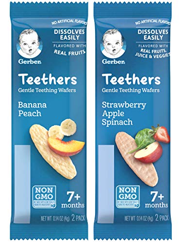 Gerber Teethers Gentle Teething Wafers Variety Pack - 1 Box Banana Peach, 1 Box Strawberry Apple Spinach - 12 CT/Box (Pack of 2 Boxes)