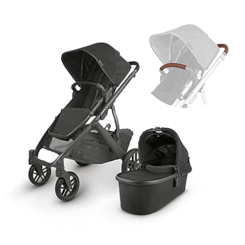 UPPAbaby Vista V2 Stroller - Jake (Black/Carbon/Black Leather) + Leather Handlebar Covers for Vista, V2 - Saddle + Leather Bumper bar Cover for Vista, V2, Cruz, V2 - Saddle