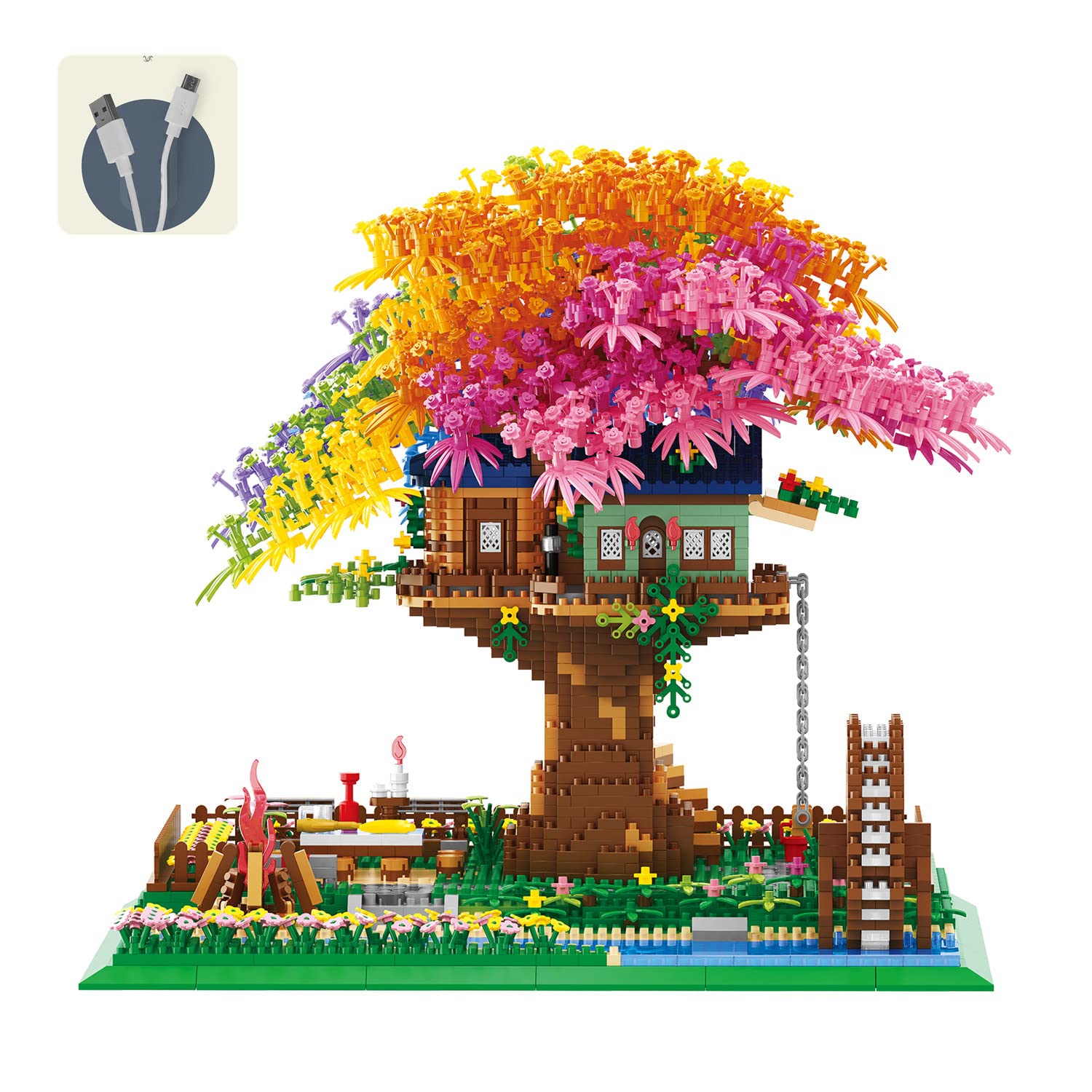 Kadablk Rainbow Flowers Building Block with Light,Sakura Cherry Blossom Bonsai Tree House Construction Set,4451 PCS Mirco Blocks Architecture for Adults and Teens