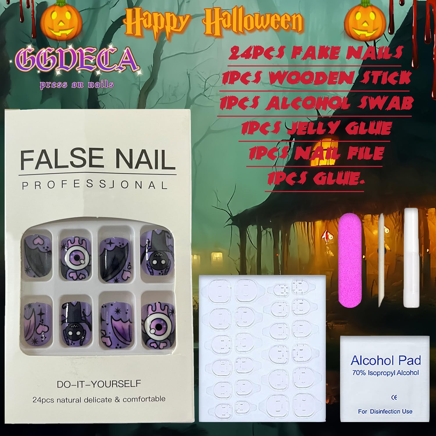 GGDECA Halloween Square Fake Nails Short Press on Nails Purple Glue on Nails Bat Ghost Love Eyeball Halloween Designs False Nails Acrylic Glossy Nails for Women Halloween Halloween Manicure Art 24Pcs