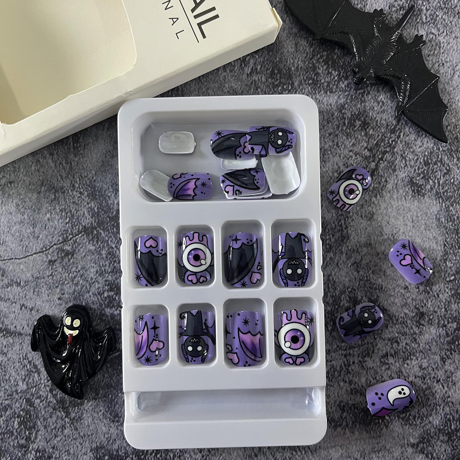 GGDECA Halloween Square Fake Nails Short Press on Nails Purple Glue on Nails Bat Ghost Love Eyeball Halloween Designs False Nails Acrylic Glossy Nails for Women Halloween Halloween Manicure Art 24Pcs