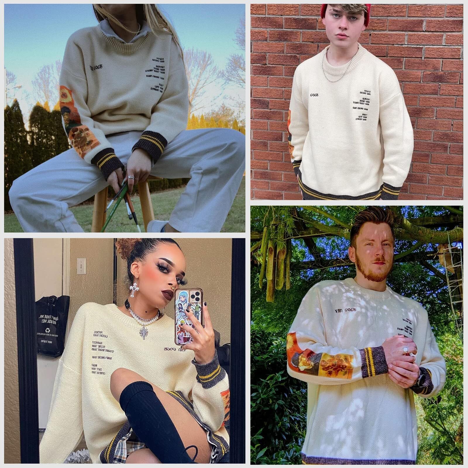 Aelfric Eden Oversized Sweater Graphic Van Gogh Printed Unisex 90s Vintage Women Knit Sweaters Men Casual 2024 Pullover Beige
