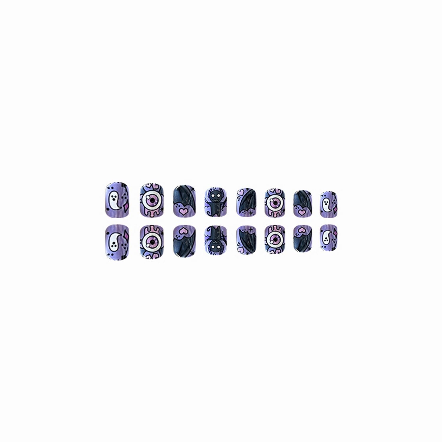 GGDECA Halloween Square Fake Nails Short Press on Nails Purple Glue on Nails Bat Ghost Love Eyeball Halloween Designs False Nails Acrylic Glossy Nails for Women Halloween Halloween Manicure Art 24Pcs