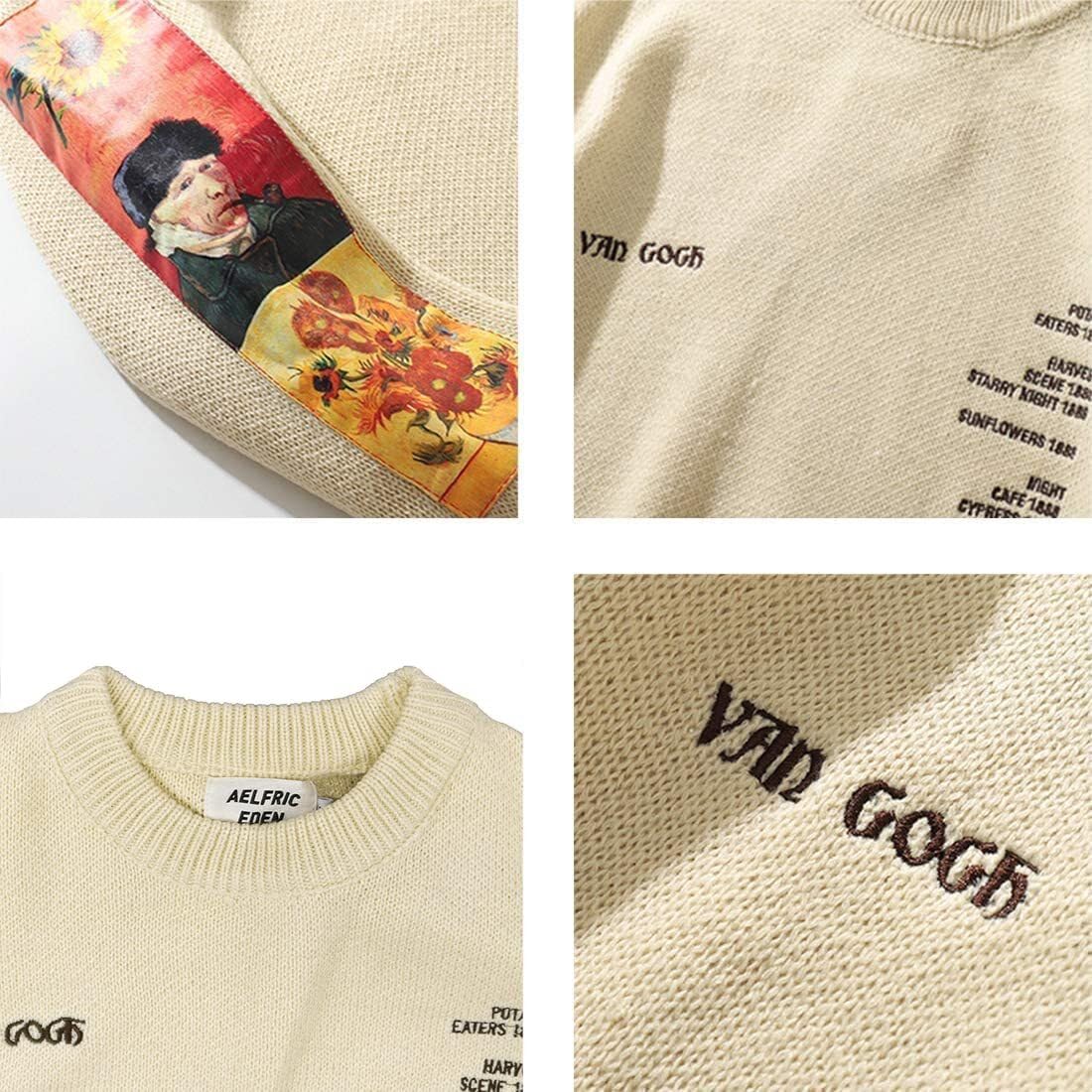 Aelfric Eden Oversized Sweater Graphic Van Gogh Printed Unisex 90s Vintage Women Knit Sweaters Men Casual 2024 Pullover Beige