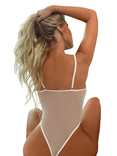 SOLY HUX Women's Floral Embroidered Mesh Sheer One Piece Lingerie Teddy Bodysuit Sleepwear White S