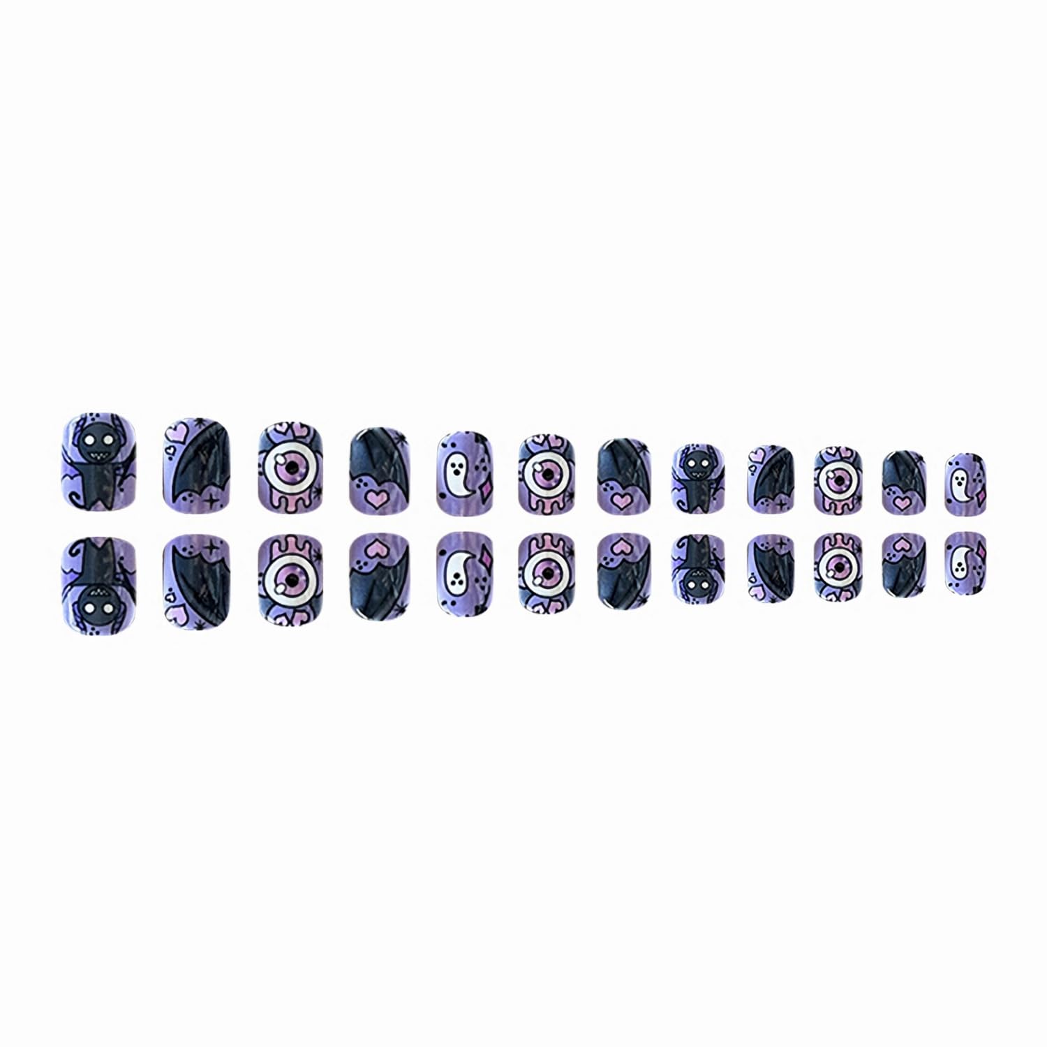 GGDECA Halloween Square Fake Nails Short Press on Nails Purple Glue on Nails Bat Ghost Love Eyeball Halloween Designs False Nails Acrylic Glossy Nails for Women Halloween Halloween Manicure Art 24Pcs