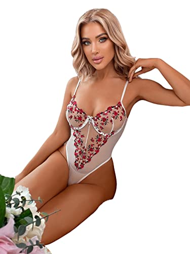 SOLY HUX Women's Floral Embroidered Mesh Sheer One Piece Lingerie Teddy Bodysuit Sleepwear White S
