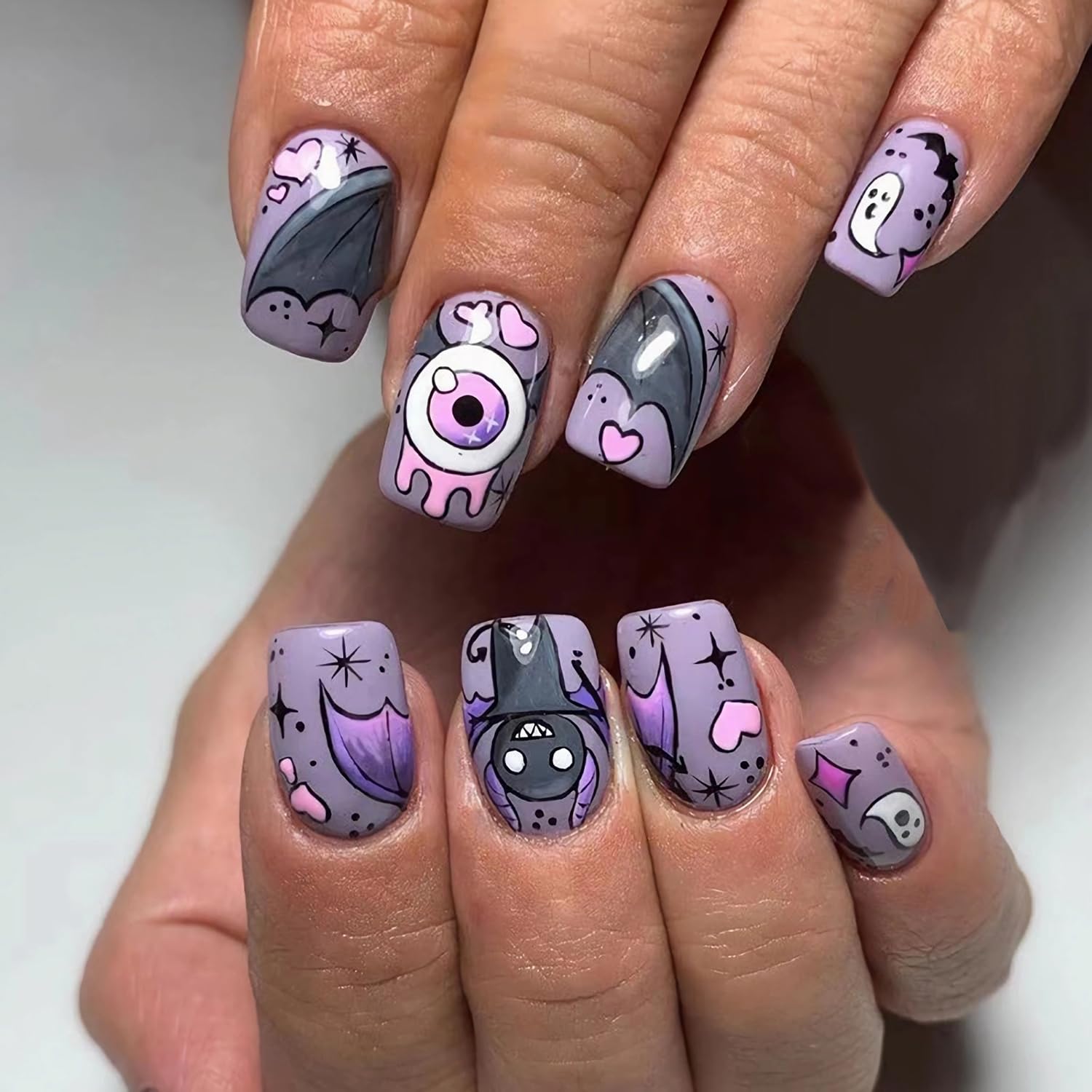 GGDECA Halloween Square Fake Nails Short Press on Nails Purple Glue on Nails Bat Ghost Love Eyeball Halloween Designs False Nails Acrylic Glossy Nails for Women Halloween Halloween Manicure Art 24Pcs