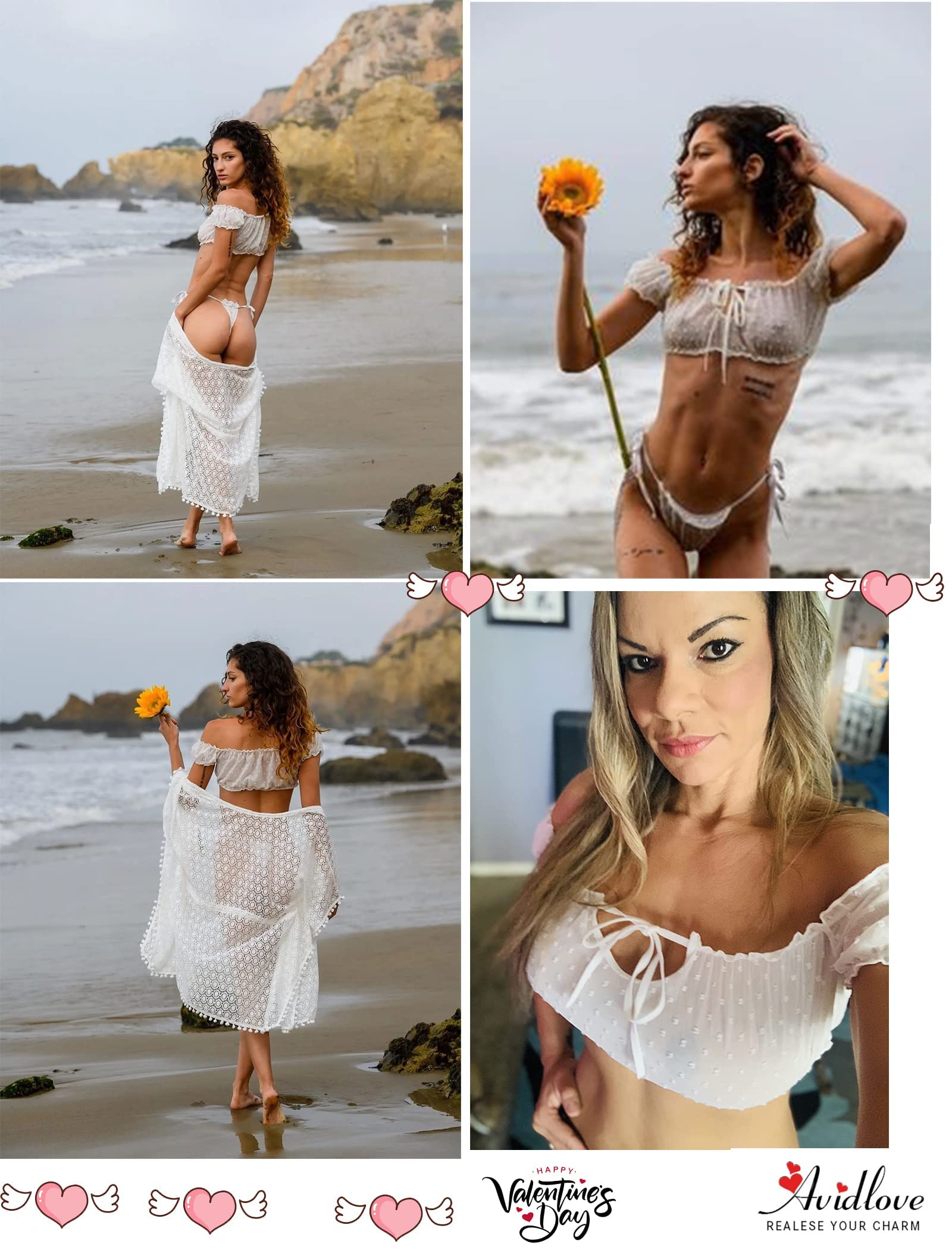 Avidlove Lingerie Set Self Tie Top and Panty Set Ruffle Lingerie Set Mesh Babydoll Chemise White S