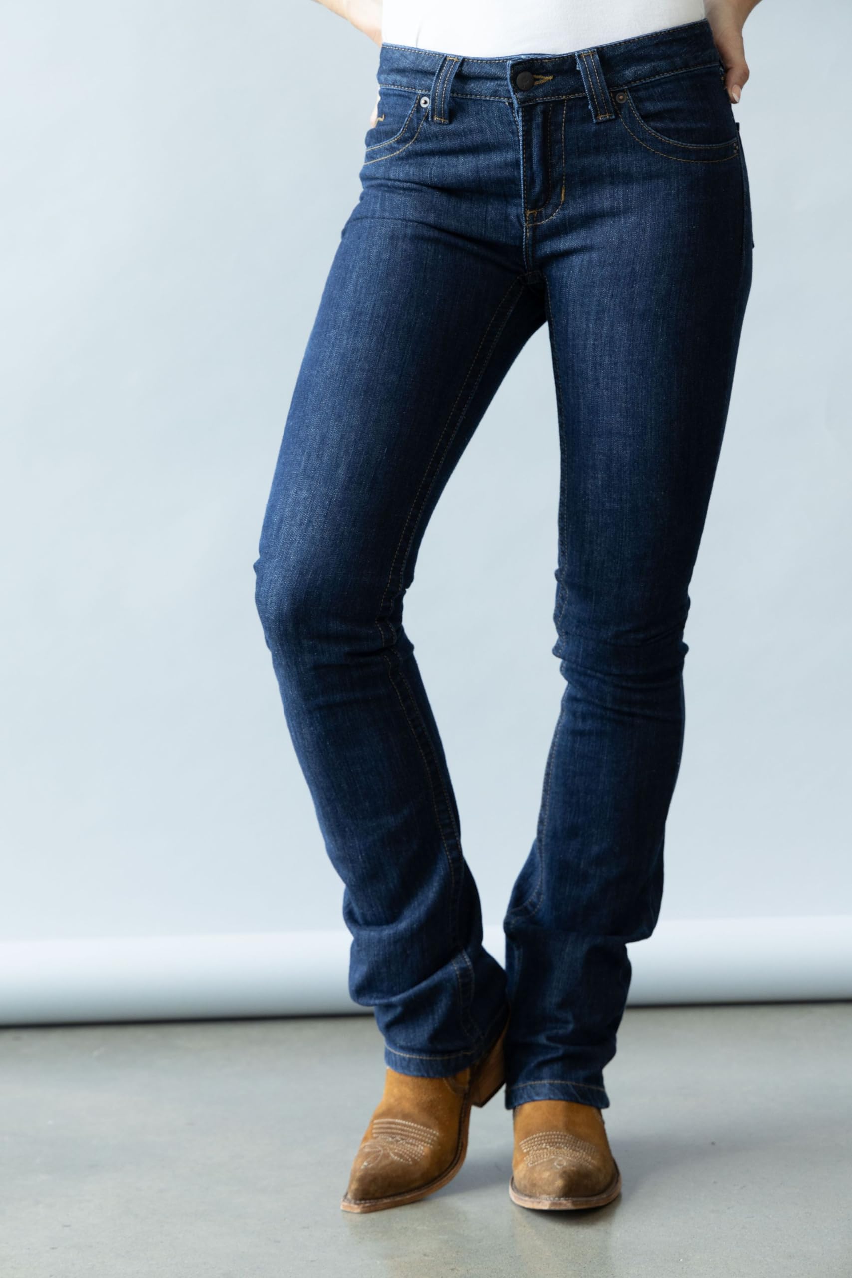 Kimes Ranch Women's Betty Western Style Bootcut Mid-Rise Straight Fit Durable Shape-Saving Dark Blue Riding Jeans, 10-34