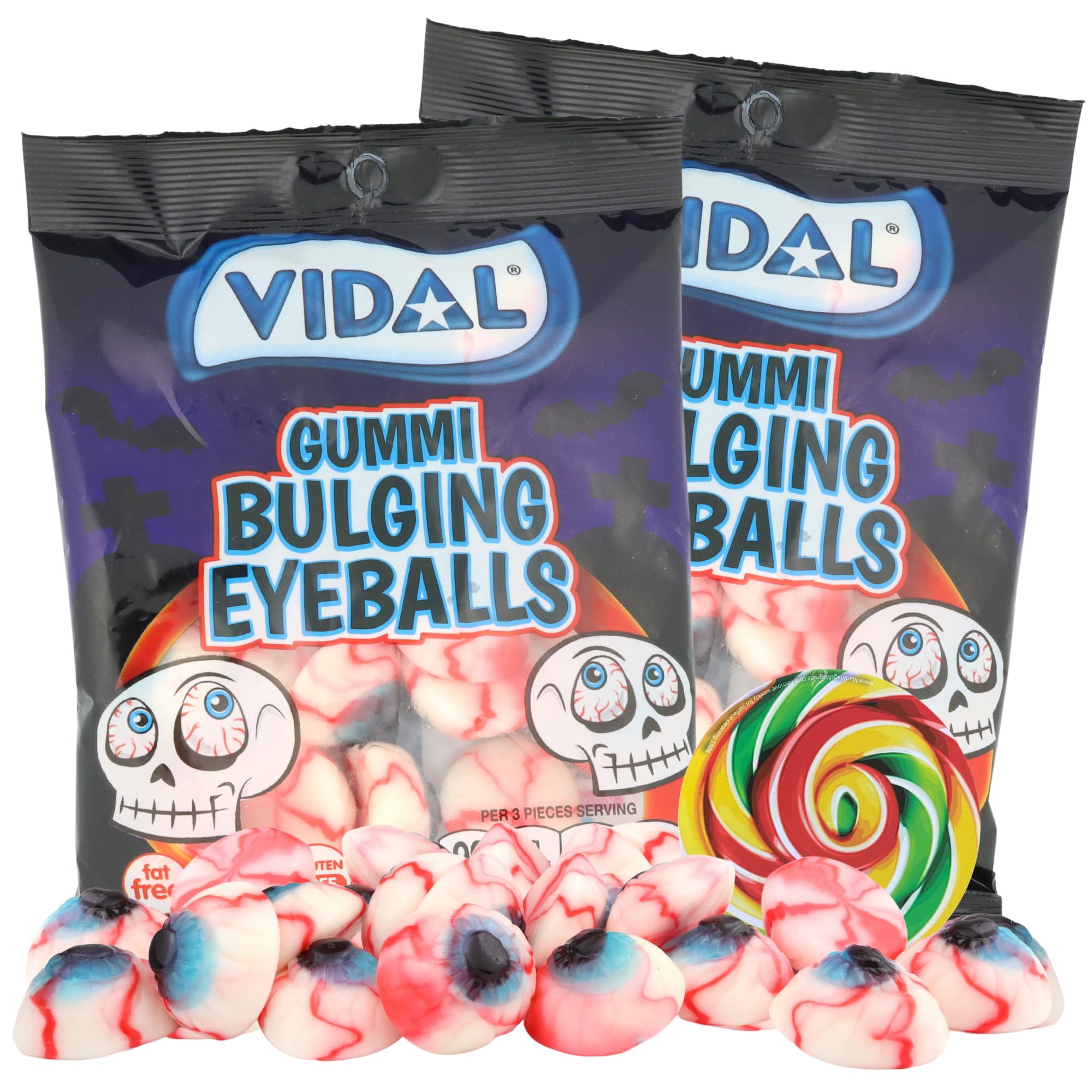 Sweetzo Halloween Gummy Eyeballs, Trick or Treat Candy and Creepy Party Bag Fillers, Swirl Sticker Included - 4.5 Ounces (Pack of 2)