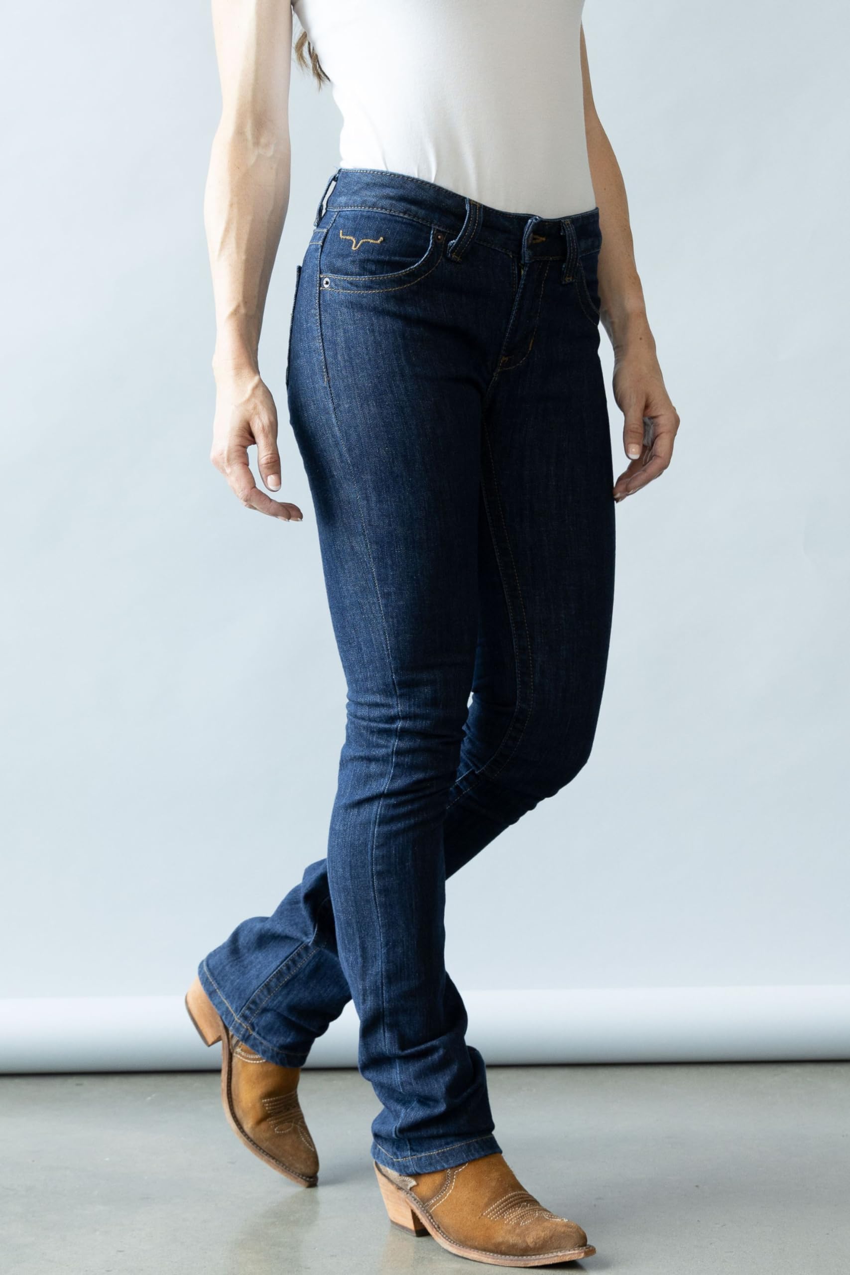 Kimes Ranch Women's Betty Western Style Bootcut Mid-Rise Straight Fit Durable Shape-Saving Dark Blue Riding Jeans, 10-34